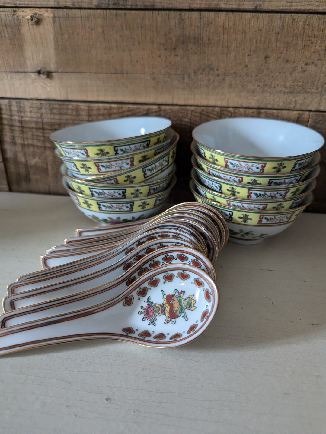 Vintage Rice Bowl and Spoon Set: Bird & Flower Design, Gold Trim - Etsy