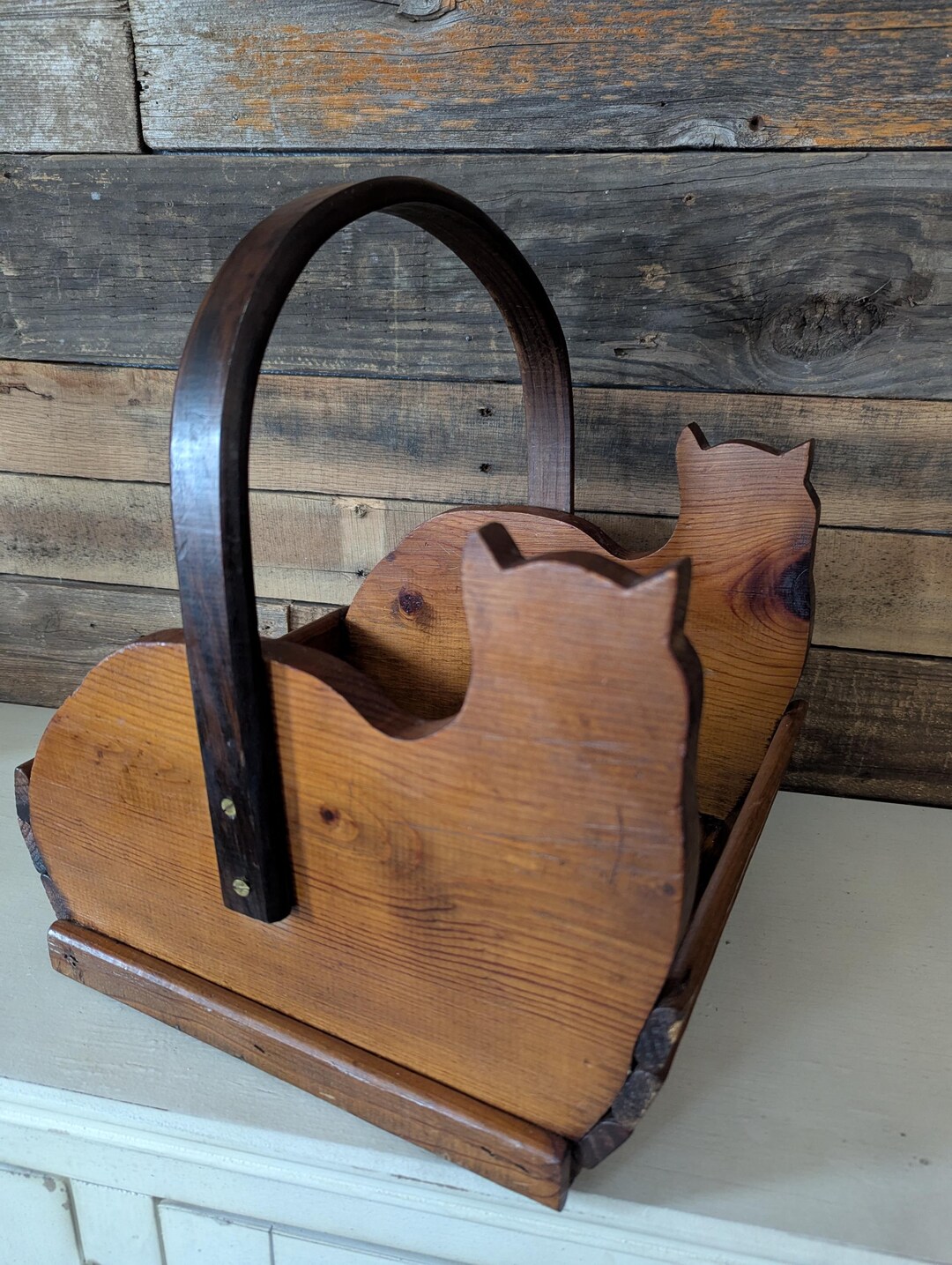 Vintage Handmade Wooden Cat Basket - Etsy