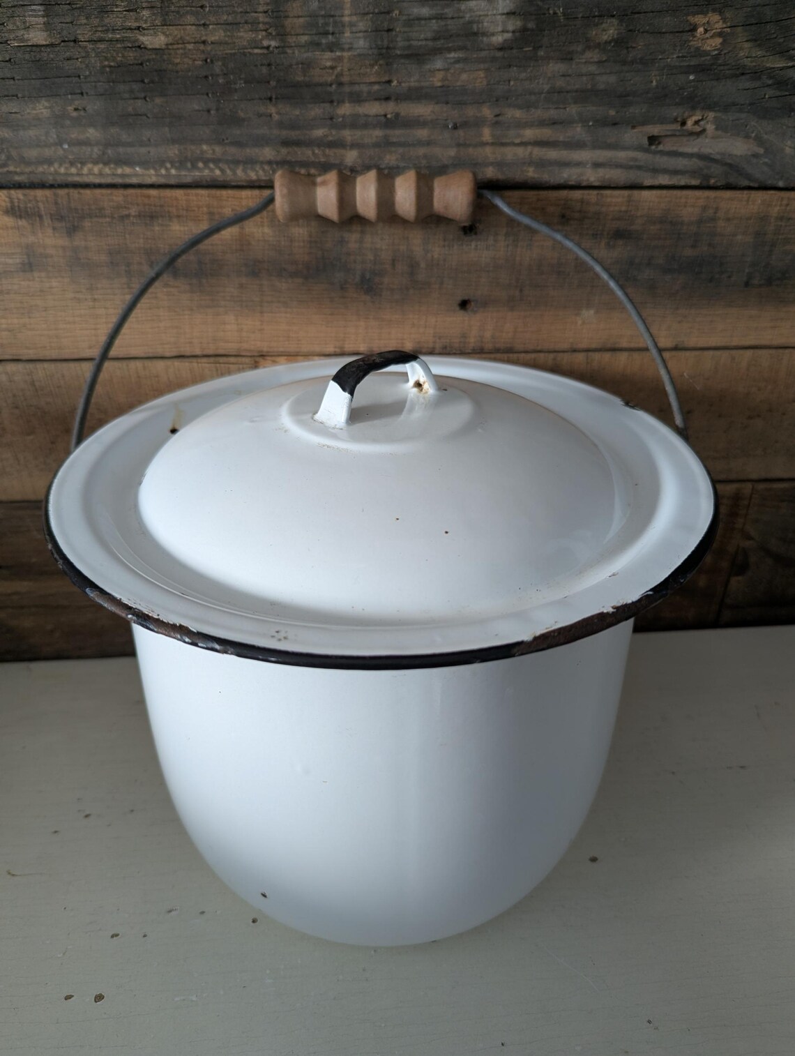 White Enamelware Pot With Lid and Handle Black Rim Antique Chamber Pot ...