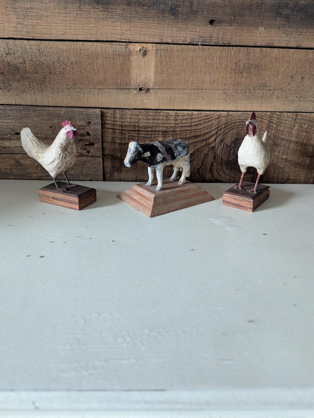 Hand Carved Wooden Cow and Chickens Signed Figurines Farmhouse Decor - Etsy
