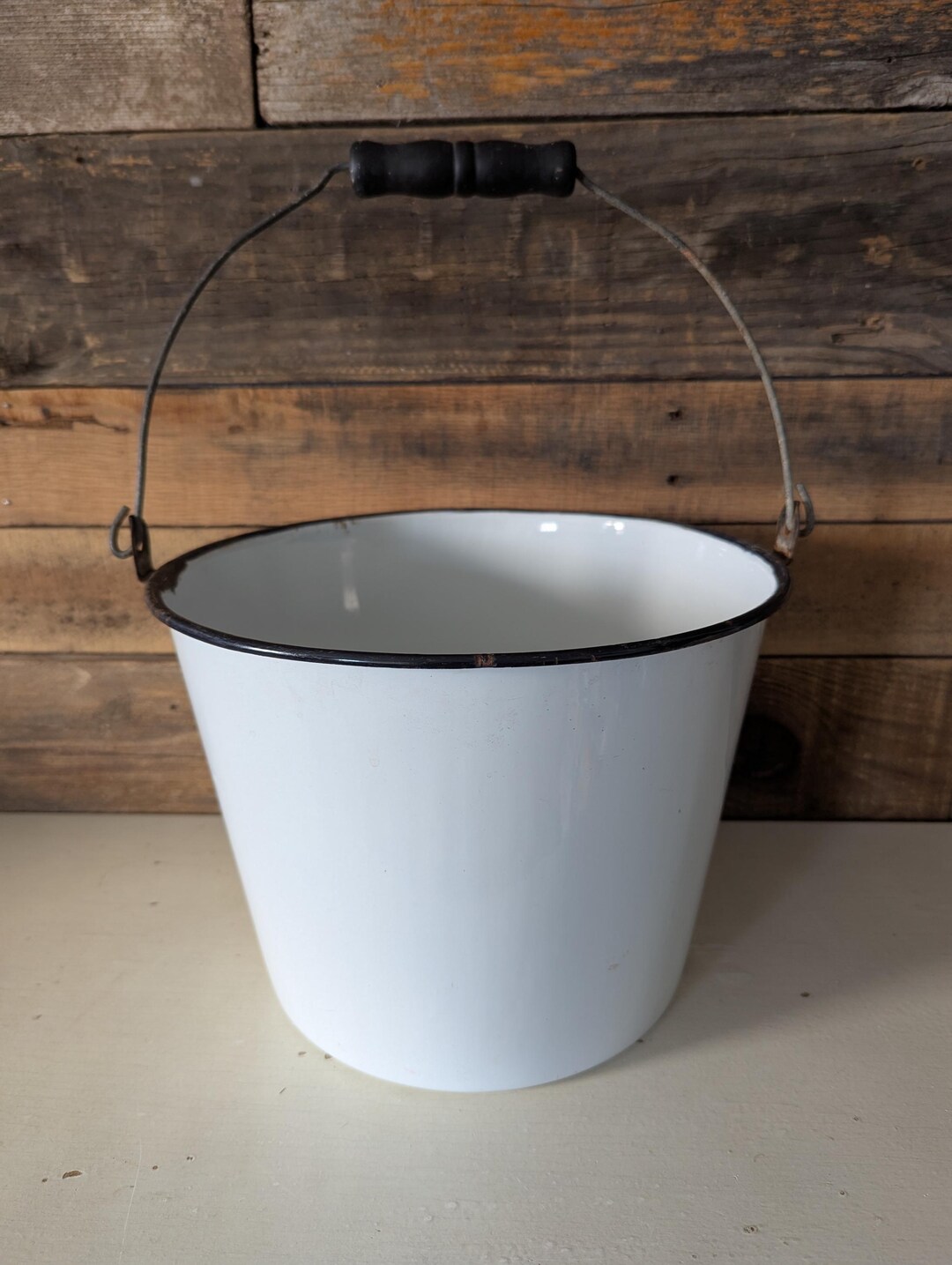 White Enamel Pail With Handle Black Rim - Etsy