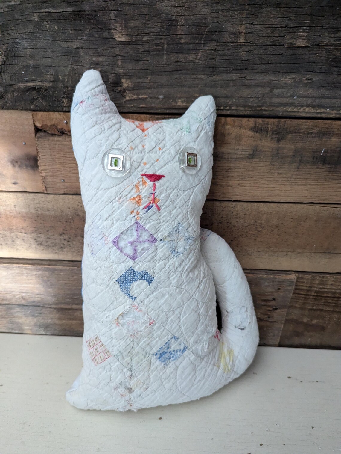 Antique Quilt Cat Pillow Vintage Embroidery Tablecloth Backing Button ...