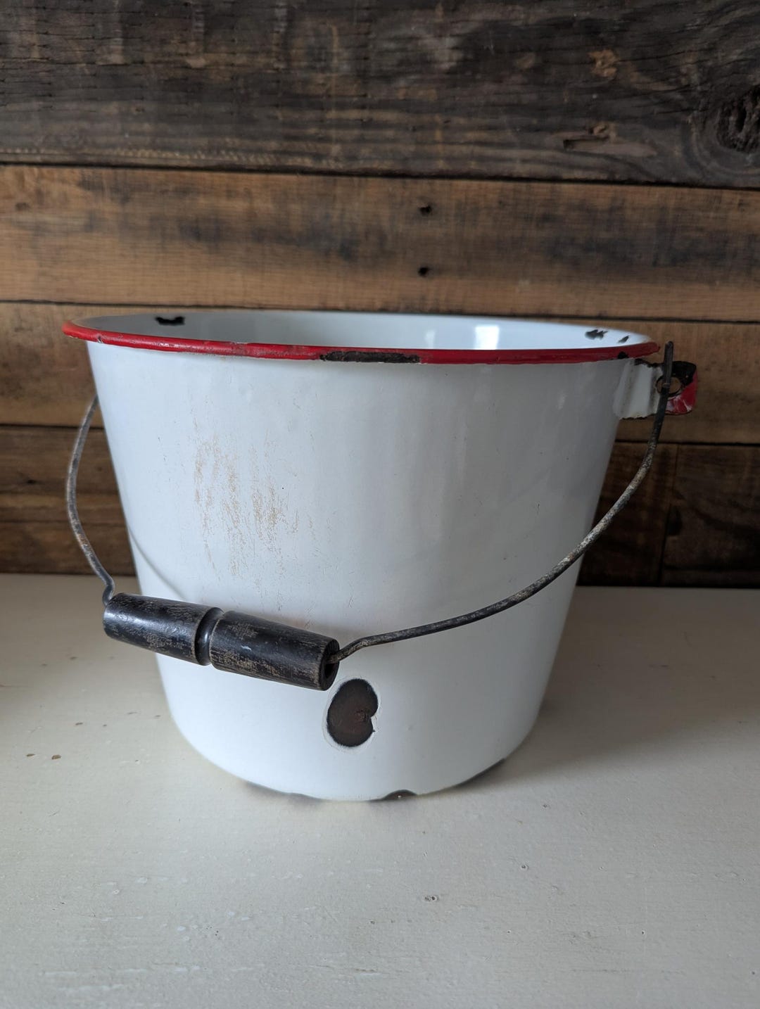 White Enamel Pail With Black Wooden Handle Red Rim - Etsy