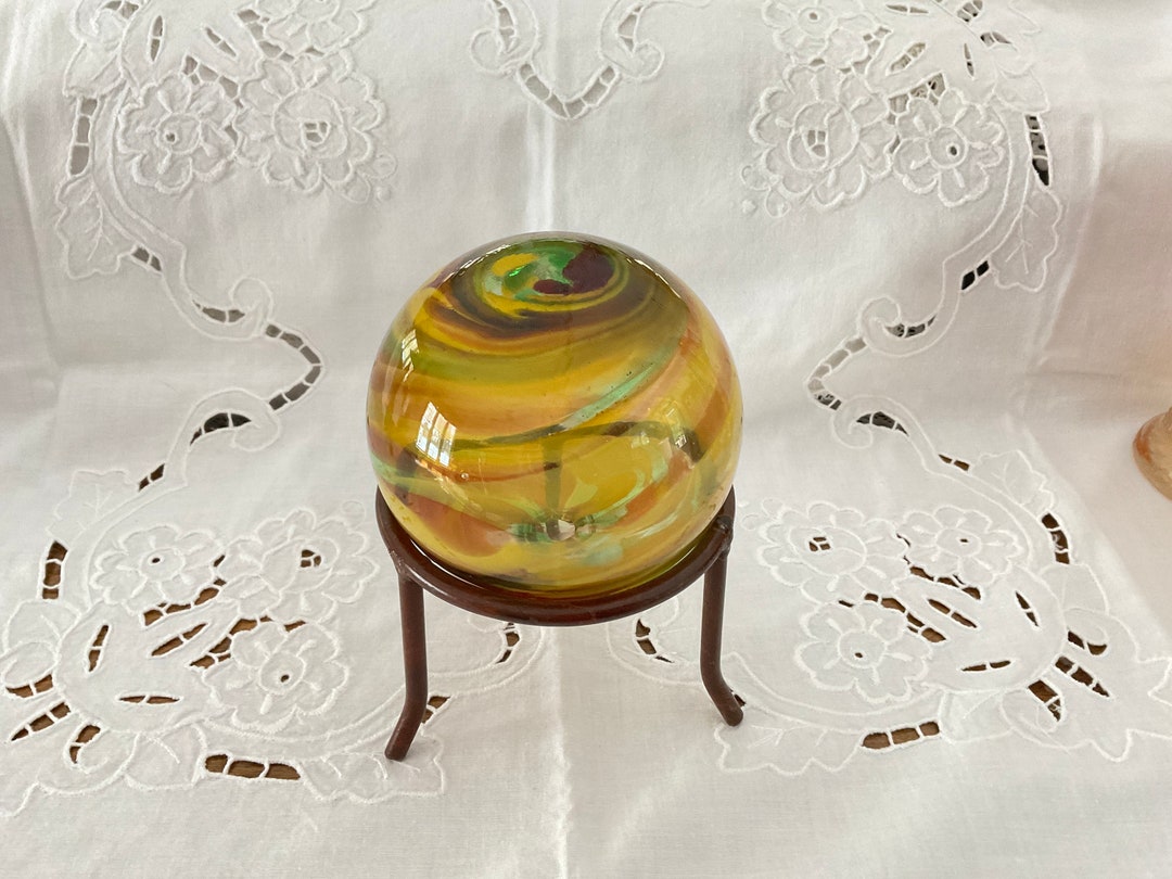 Hand Blown Decorative Glass Ball With Stand, Gold, Green, Yellow ...