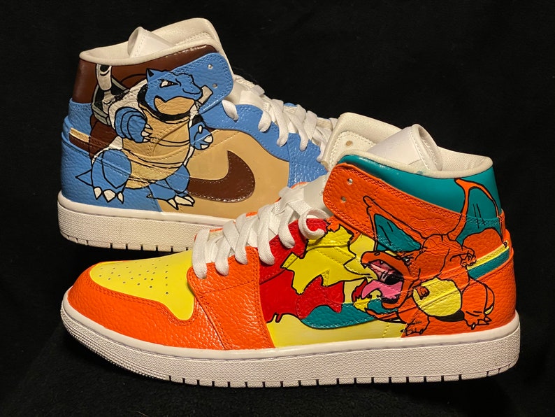 Custom Hand Painted Jordan 1 Mid Pokemon Charizard VS Blastoise Size 10 ...