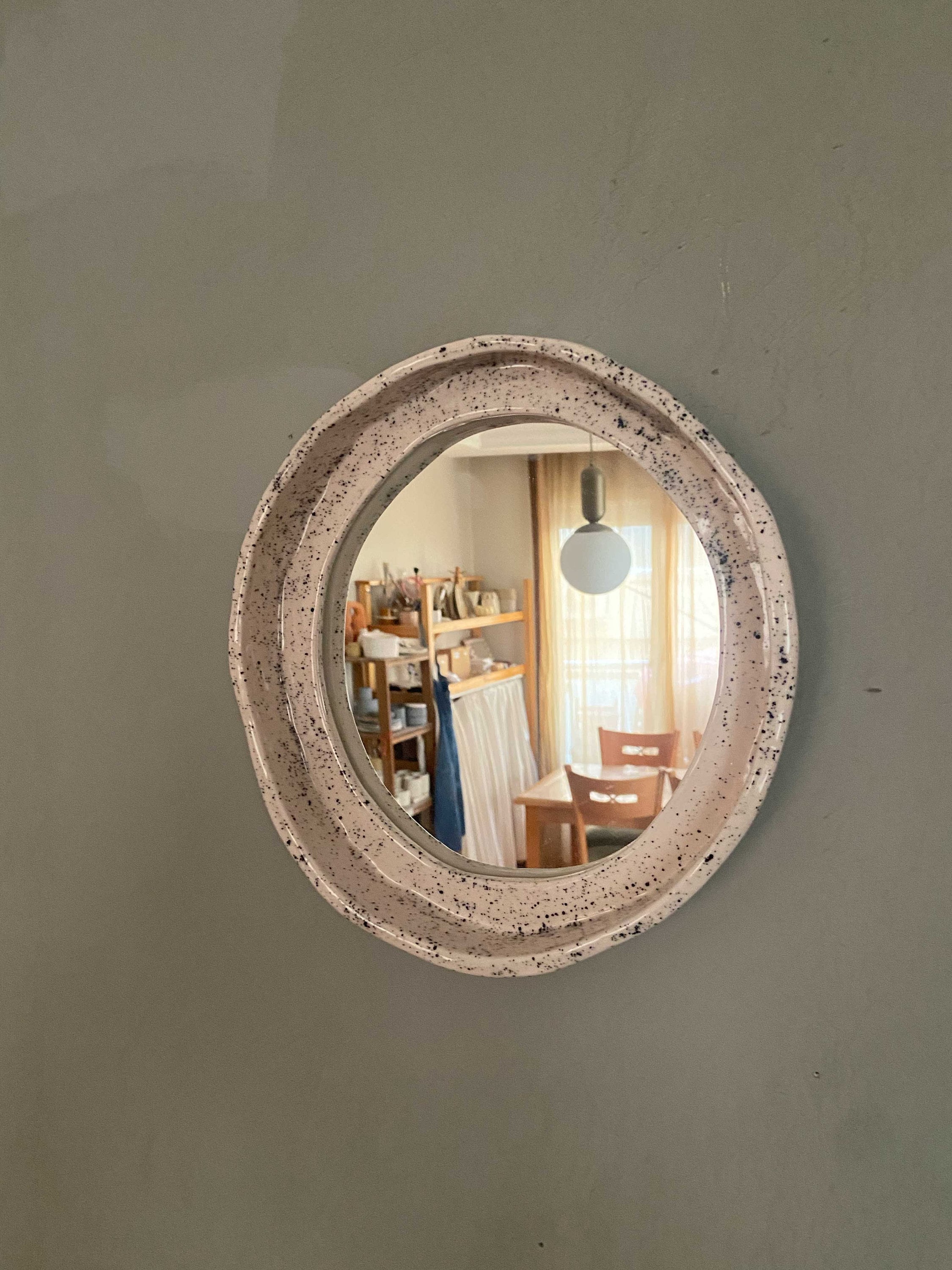 Round Ceramic Mirror Frame - White Black Speckled - Etsy