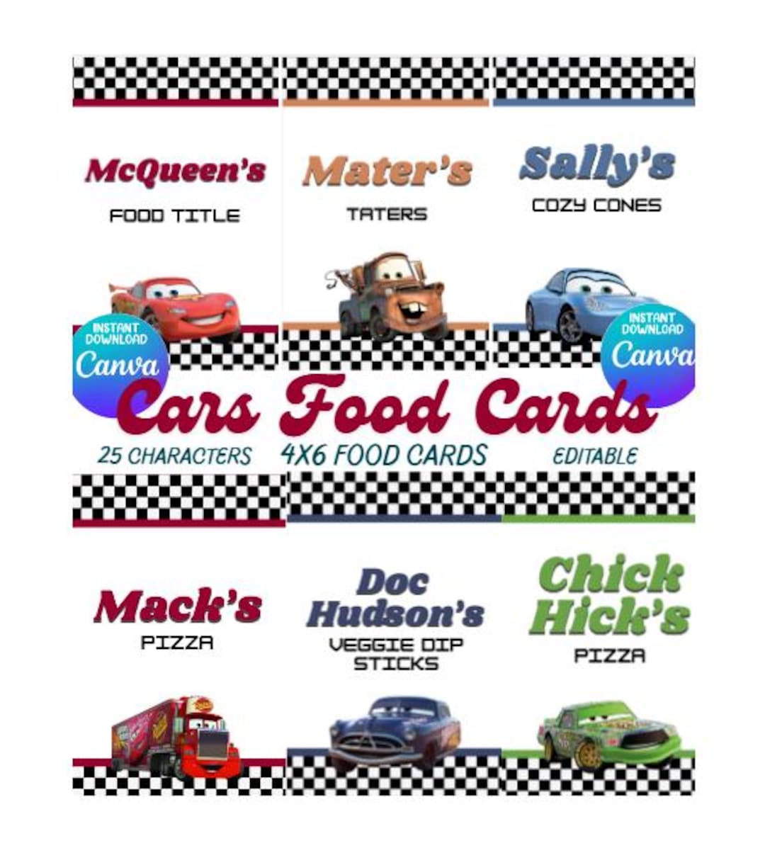 CANVA Editable Digital Cars Food Cards | Cars Party | Food Signs | Car ...