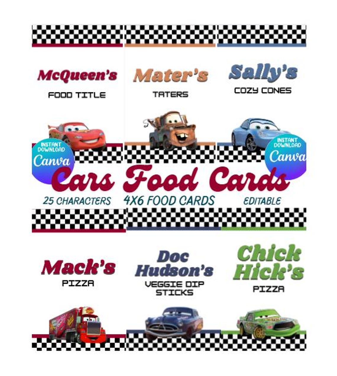 CANVA Editable Digital Cars Food Cards | Cars Party | Food Signs | Car ...