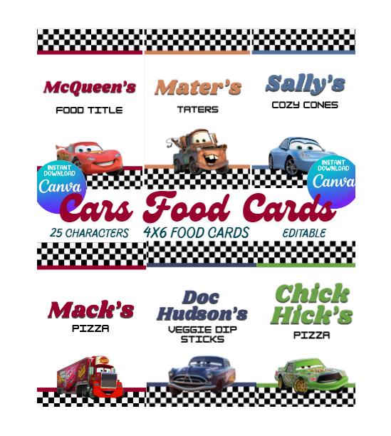 CANVA Editable Digital Cars Food Cards | Cars Party | Food Signs | Car ...