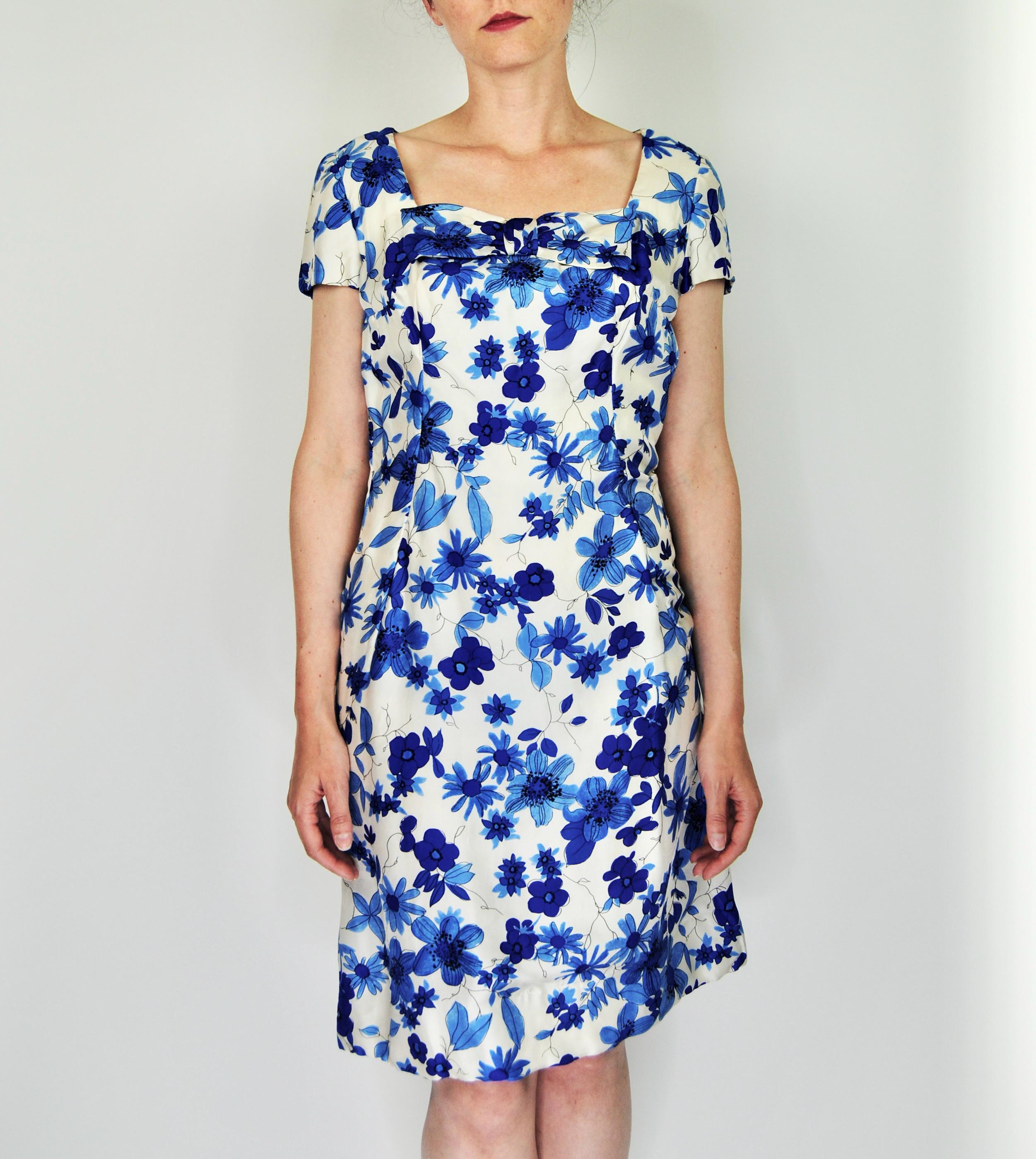1960s Vintage Helga off White and Blue Silky Floral Sheath Style Summer ...