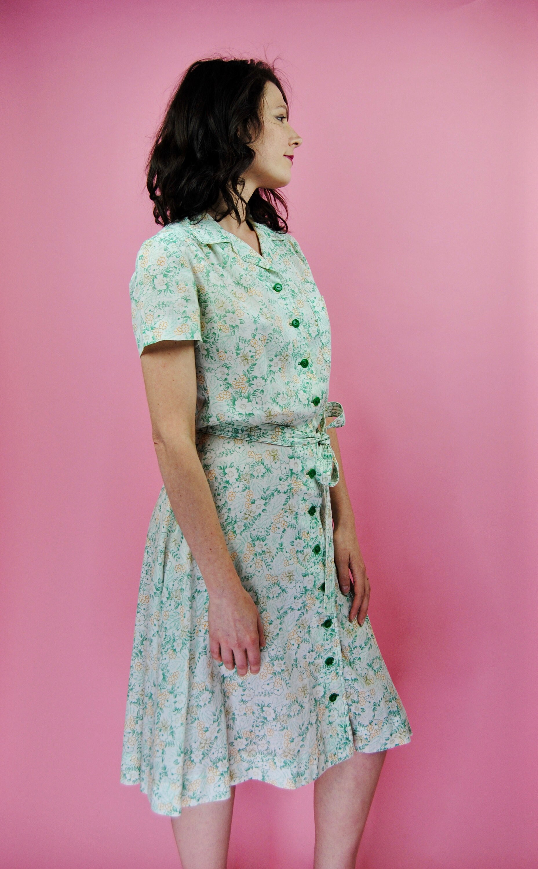 1970s Cream Front Button Day Summer Sun Dress With Green Flowers Sm - Etsy