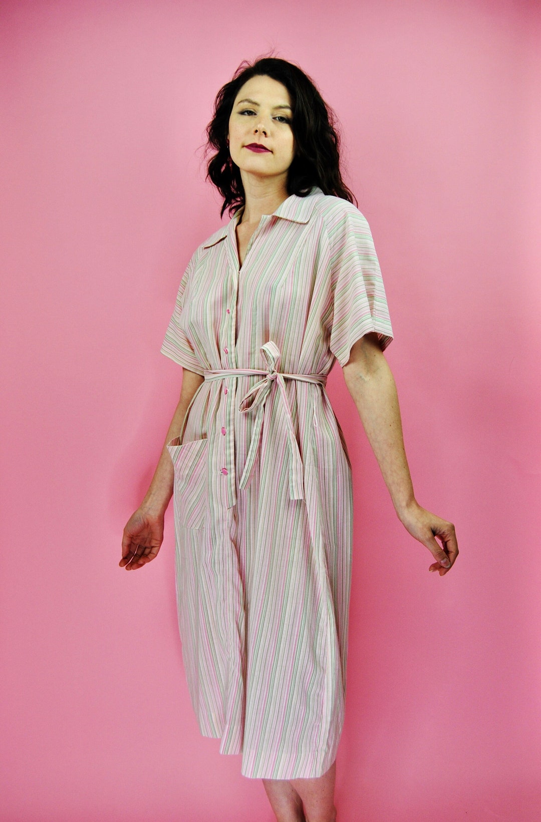 1960s "dee Dee by Decatur" Striped Pink and Green House Dress - Lg - Etsy