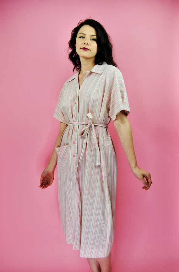 1960s "Dee Dee by Decatur" Striped Pink and Green Hou… - Gem