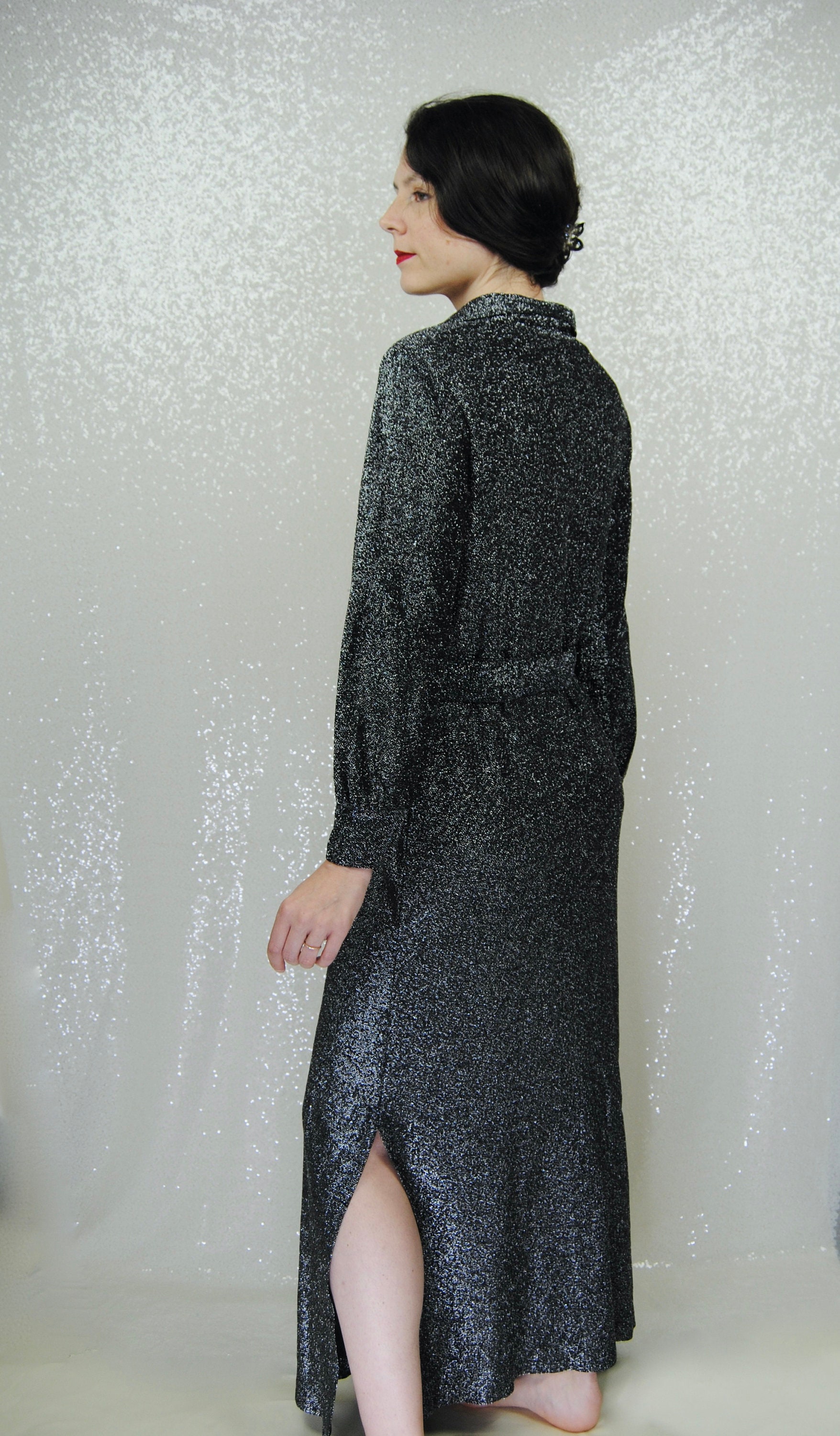 1960s 1970s Vintage Loll Ease Lou Rose Charcoal Grey Silver Lurex Maxi ...
