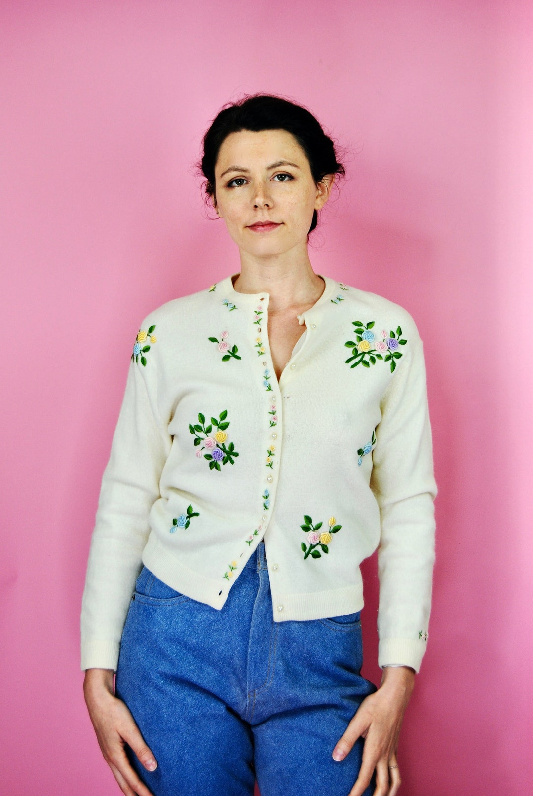 1950s 1960s Martand Inc. Cream Flower Embroidered Sweater Sm to Md - Etsy