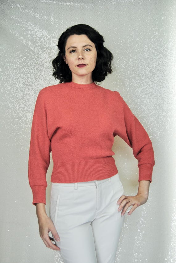 1940s 1950s Toby Berman Coral Pink Wool Chenille Pull… - Gem