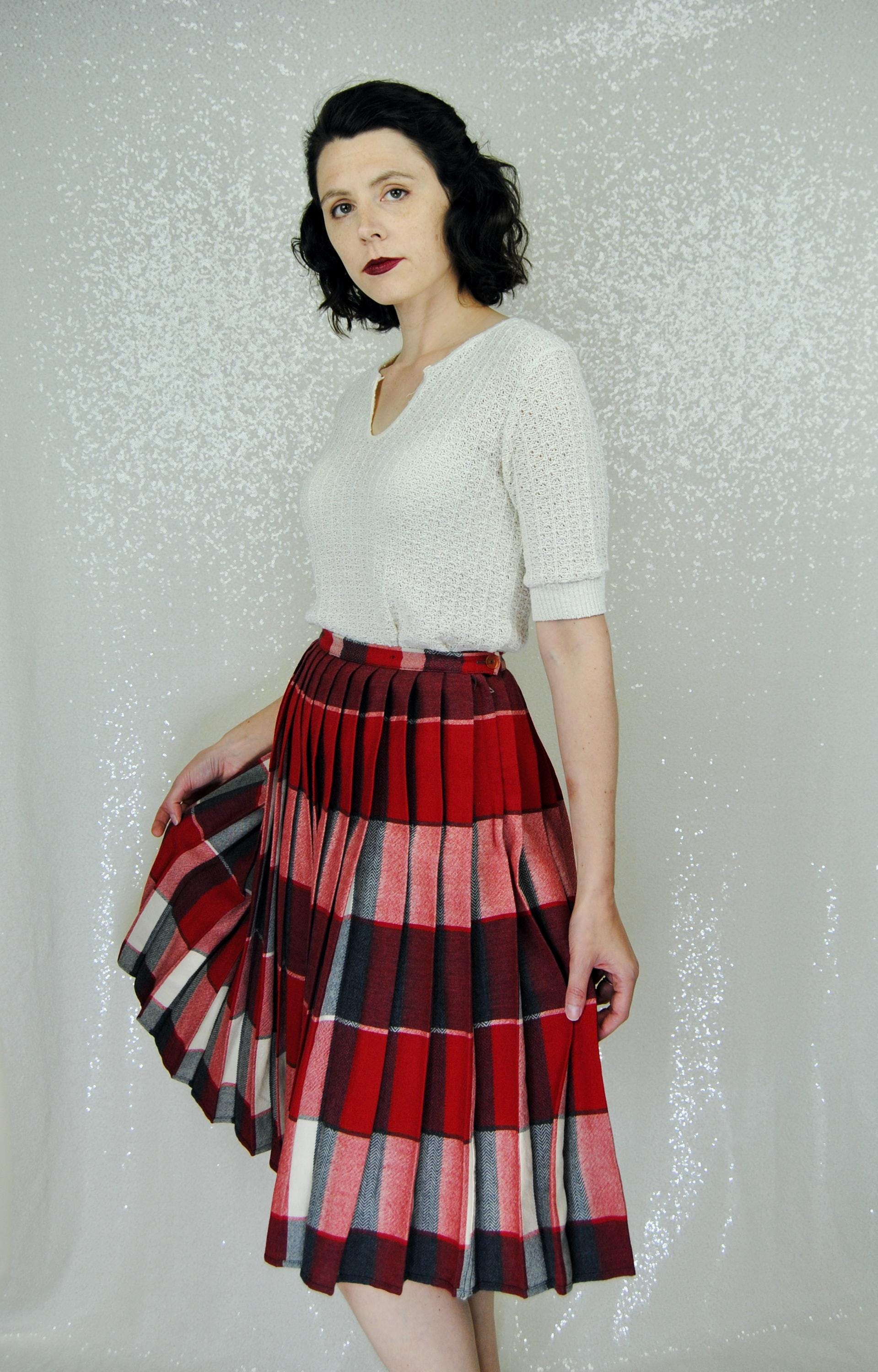 RARE 1960s Vintage Red & Grey REVERSIBLE Pleated Plaid Skirt - Xs - Etsy
