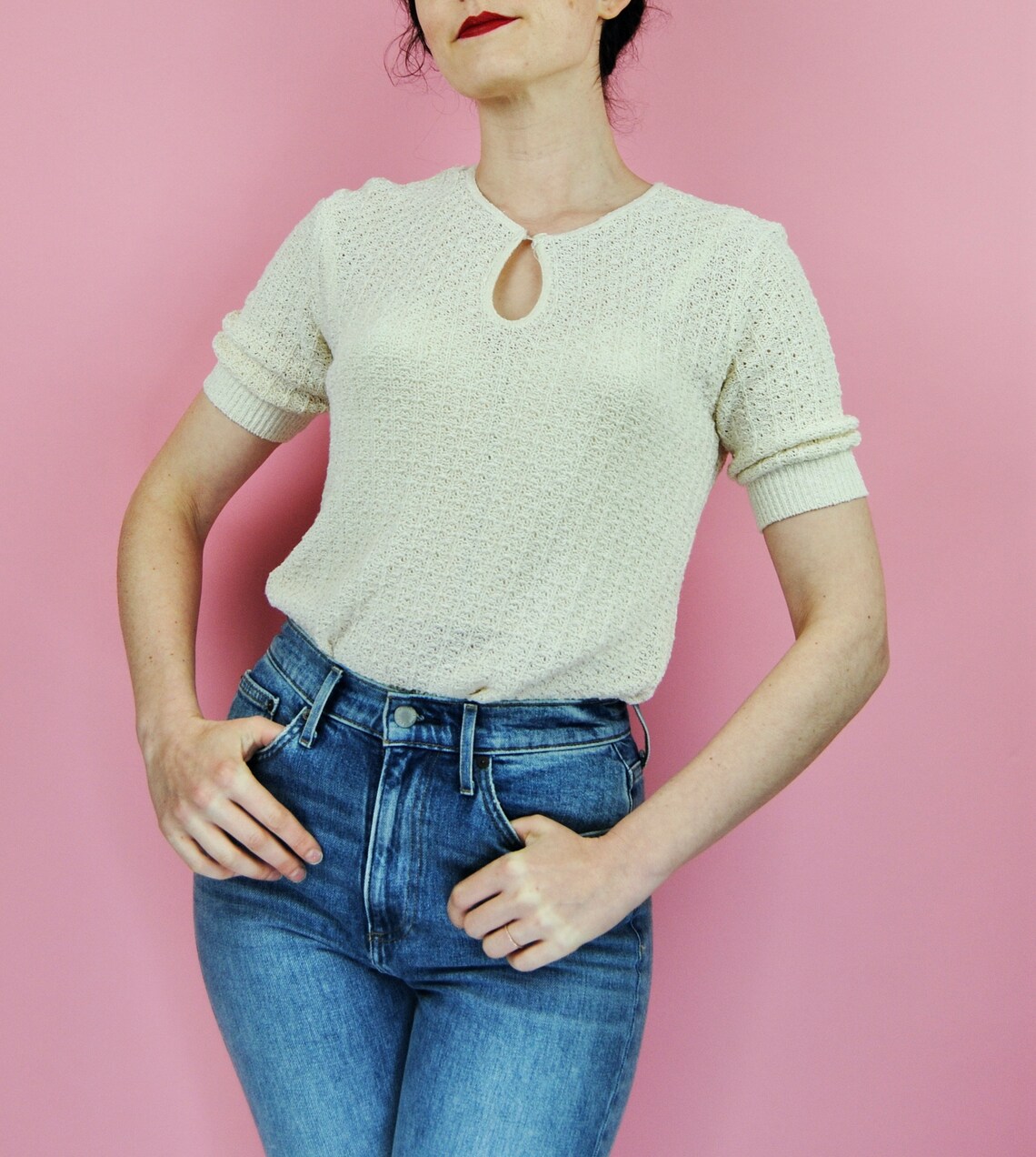 1970s Vintage Cream "its Pure Gould" Knit Short Sleeve Knit Sweater Top ...