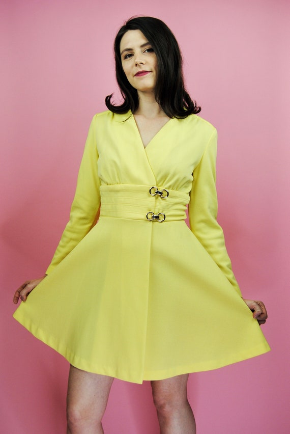 1960s Vintage Bright Yellow Mini Wrap Skater Dress - … - Gem