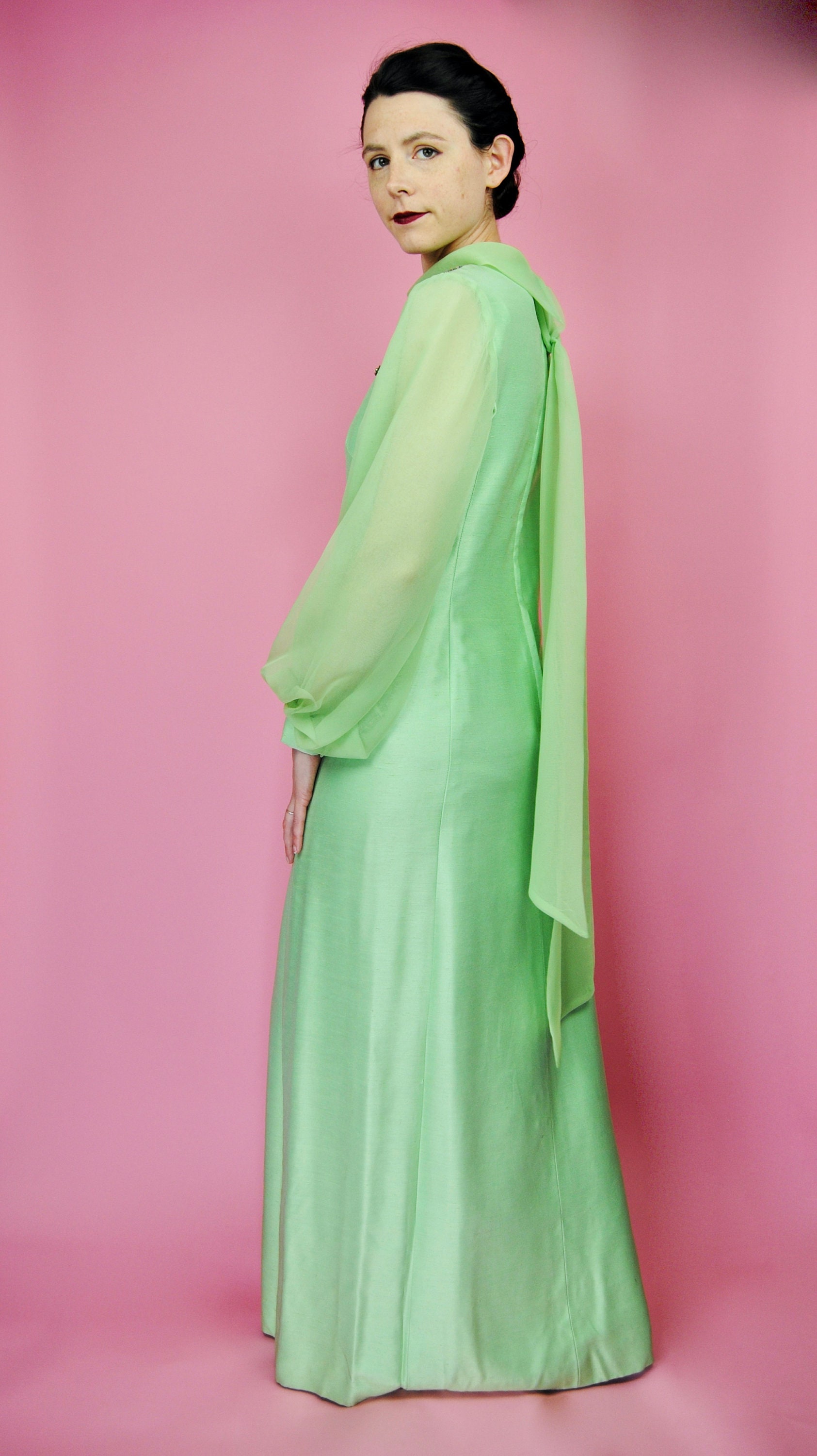 1960s Light Mint Green Evening Formal Gown With Chiffon Puff Bishop ...