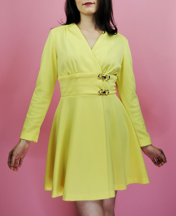 1960s Vintage Bright Yellow Mini Wrap Skater Dress - … - Gem