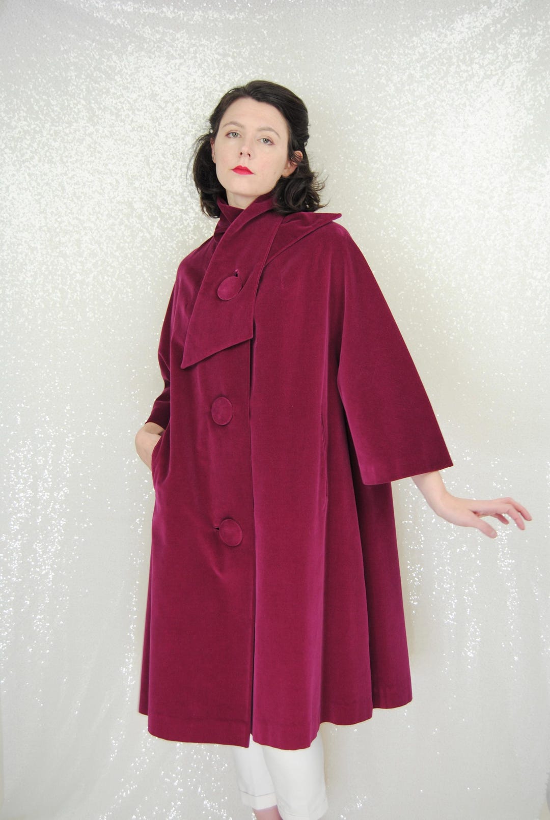1960s Vintage Marguerite Rubel Dark Raspberry Pink Velveteen Coat With ...