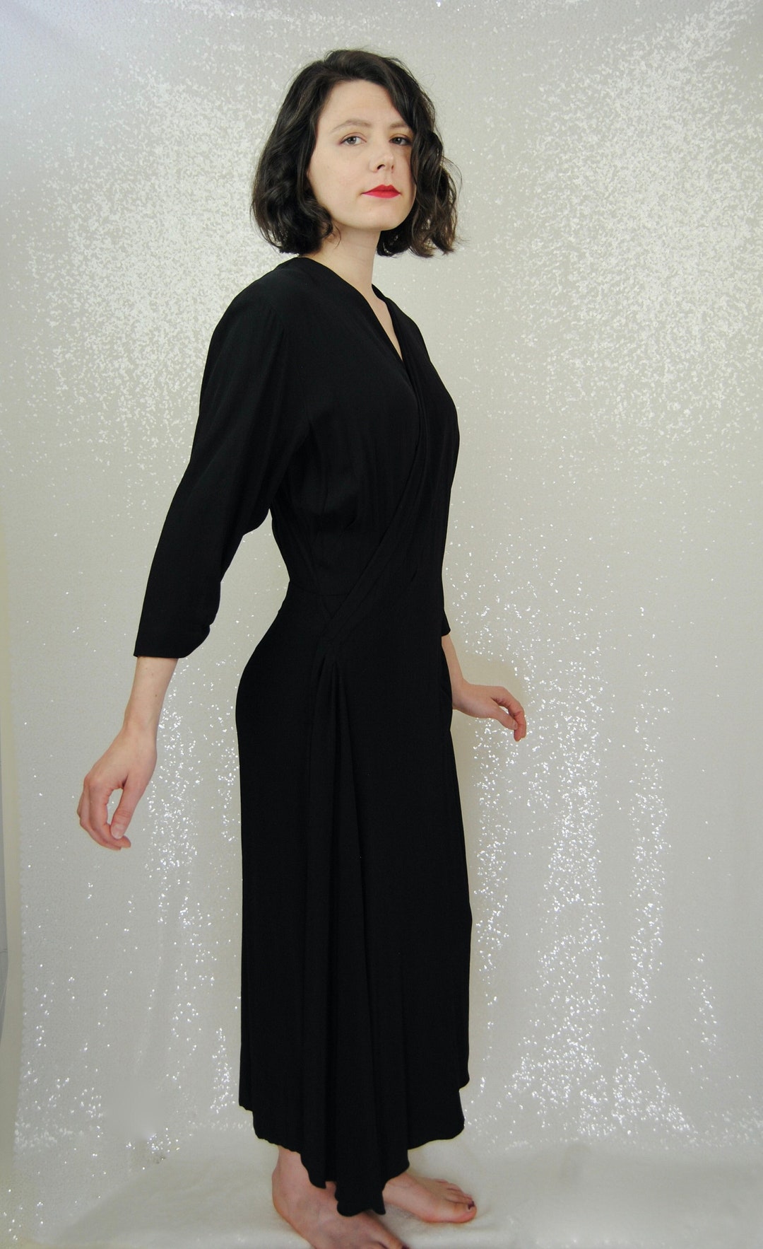 1930s 1940s Simple Black Rayon Dinner Dress With Elegant Detailing at ...