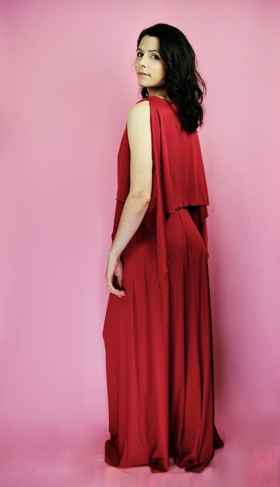 1970s Burgundy Maxi with Cape Goddess Gown - Sm - Gem