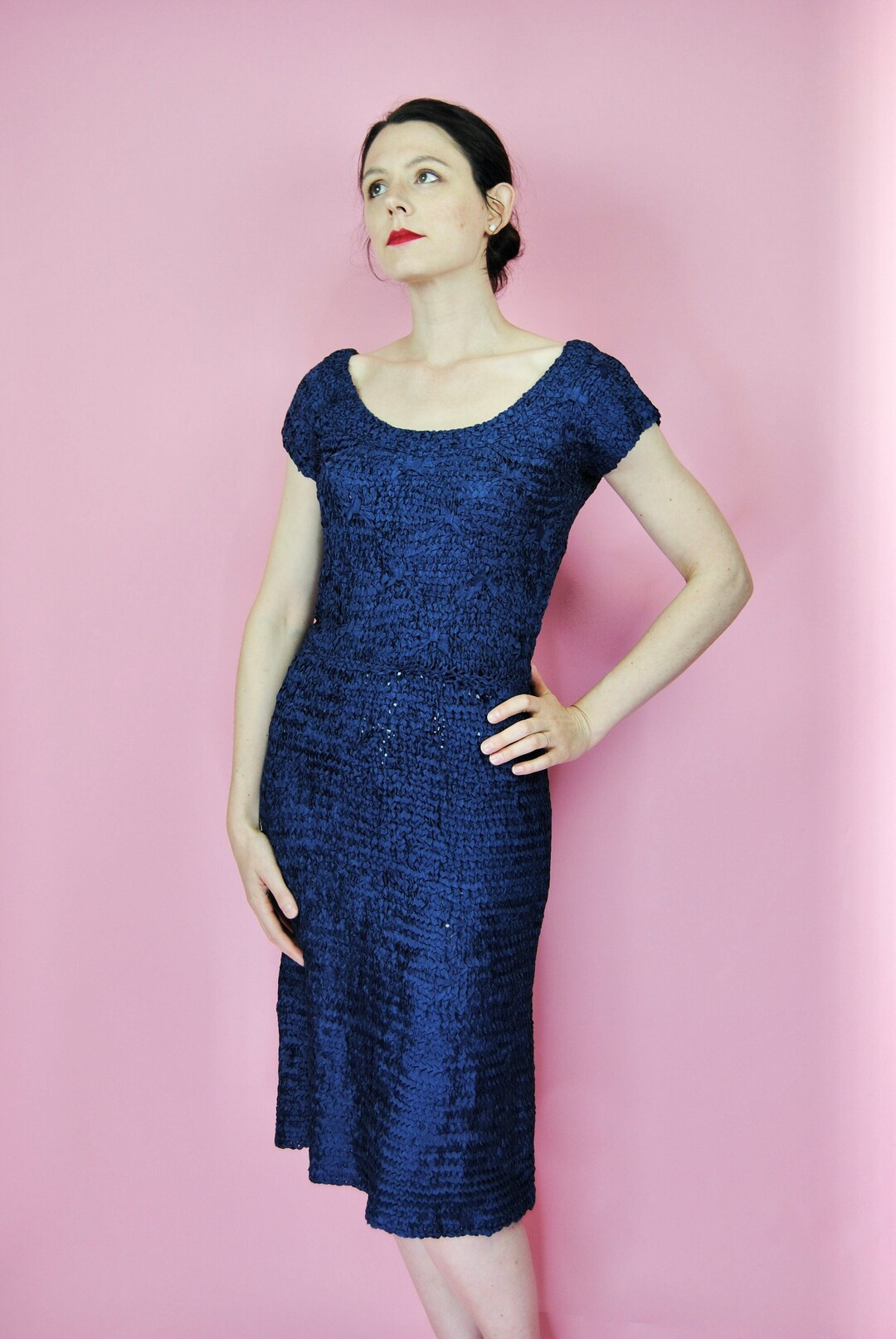 RARE 1940s Vintage Bea Magnus Navy Blue Knitted Ribbon Dress and ...