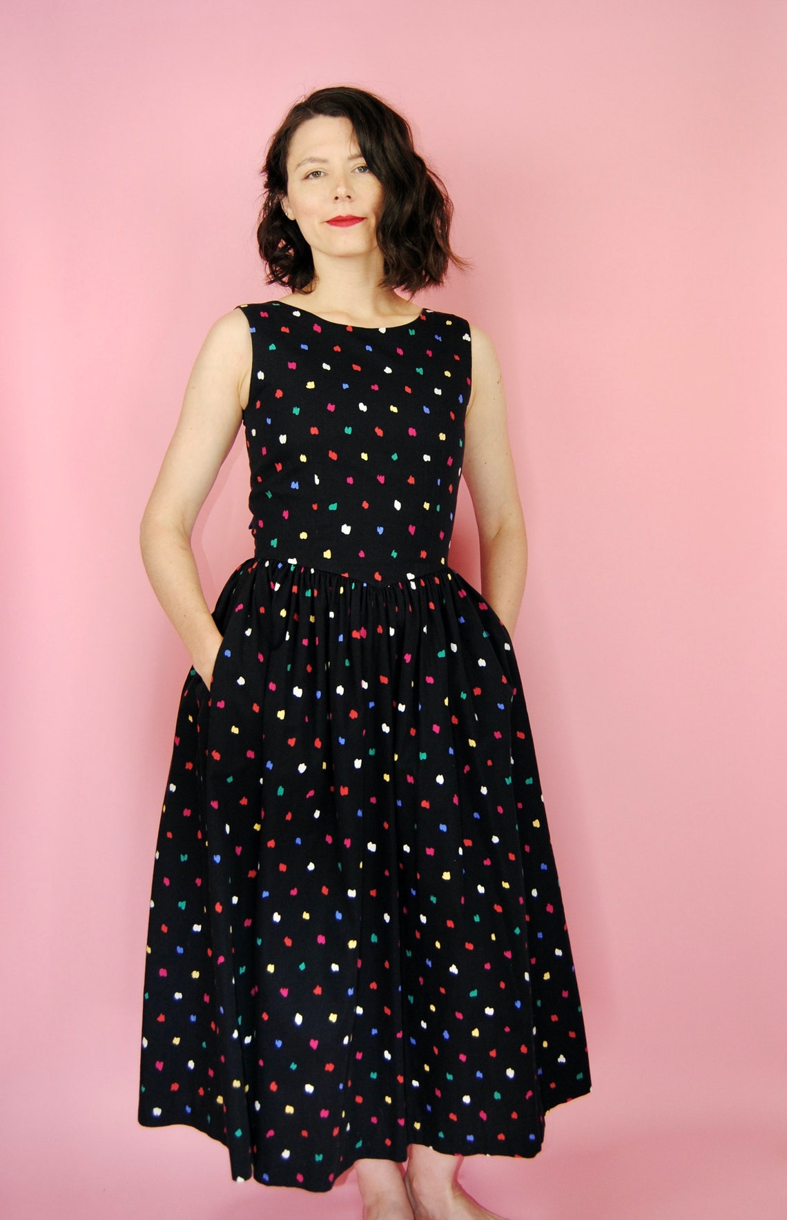 1980s Vintage Althuser Black Rainbow Spotted Sundress With Unique Bow ...