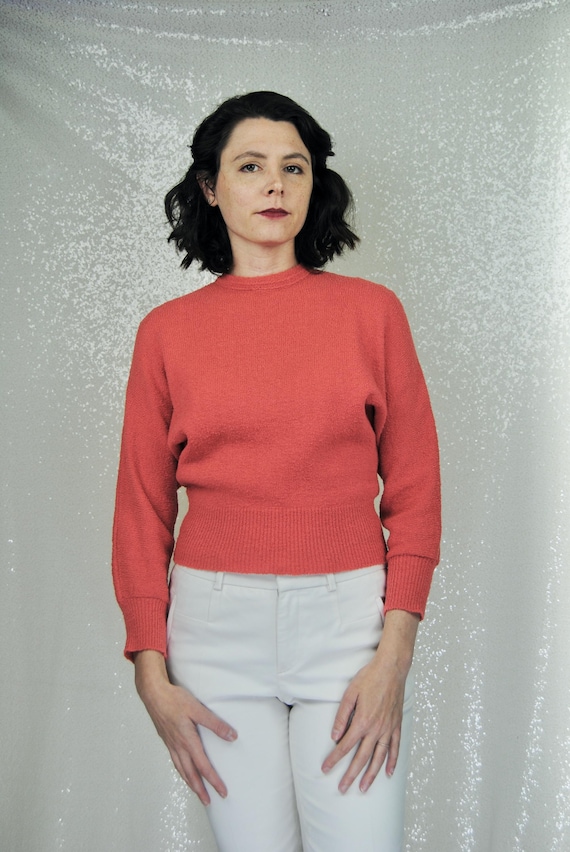 1940s 1950s Toby Berman Coral Pink Wool Chenille Pull… - Gem