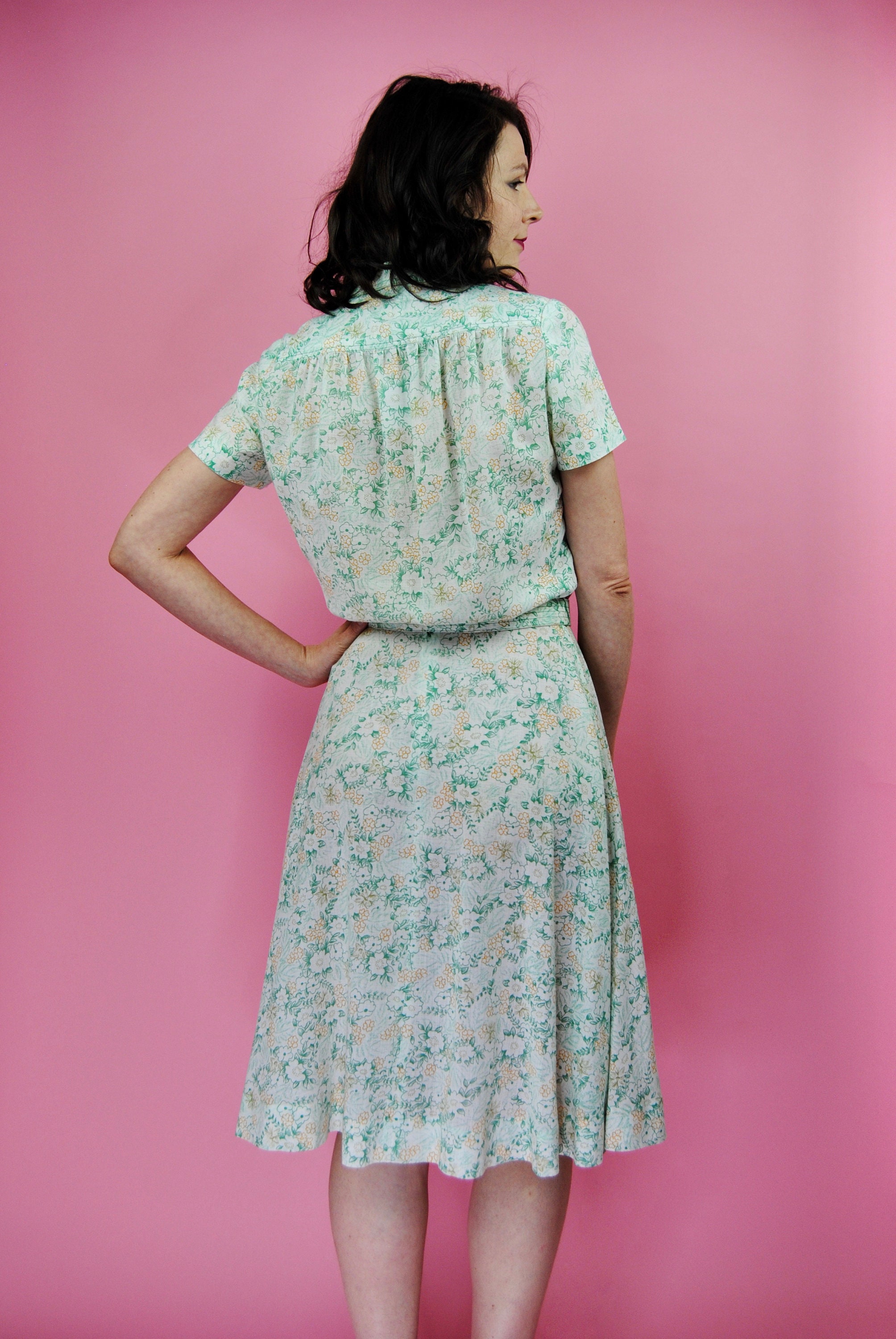 1970s Cream Front Button Day Summer Sun Dress With Green Flowers Sm - Etsy
