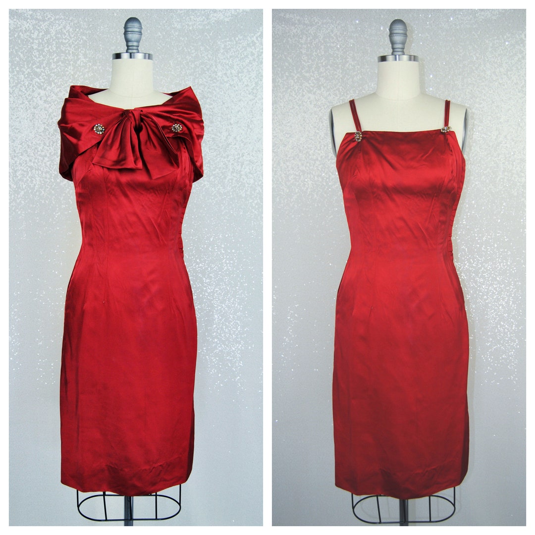 1950s Vintage Elinor Porter Red Satin Cocktail Dress With Detachable ...