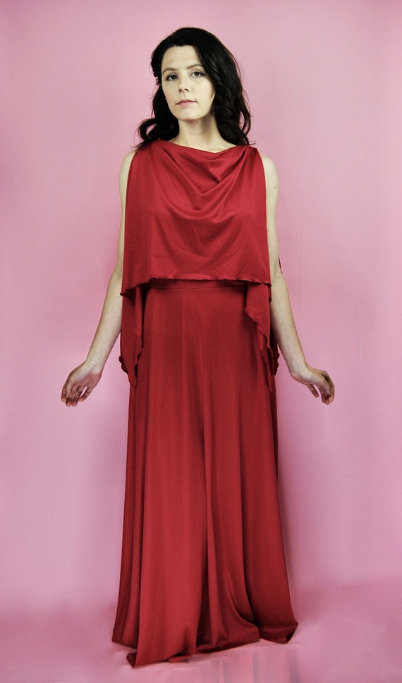 1970s Burgundy Maxi with Cape Goddess Gown - Sm - Gem