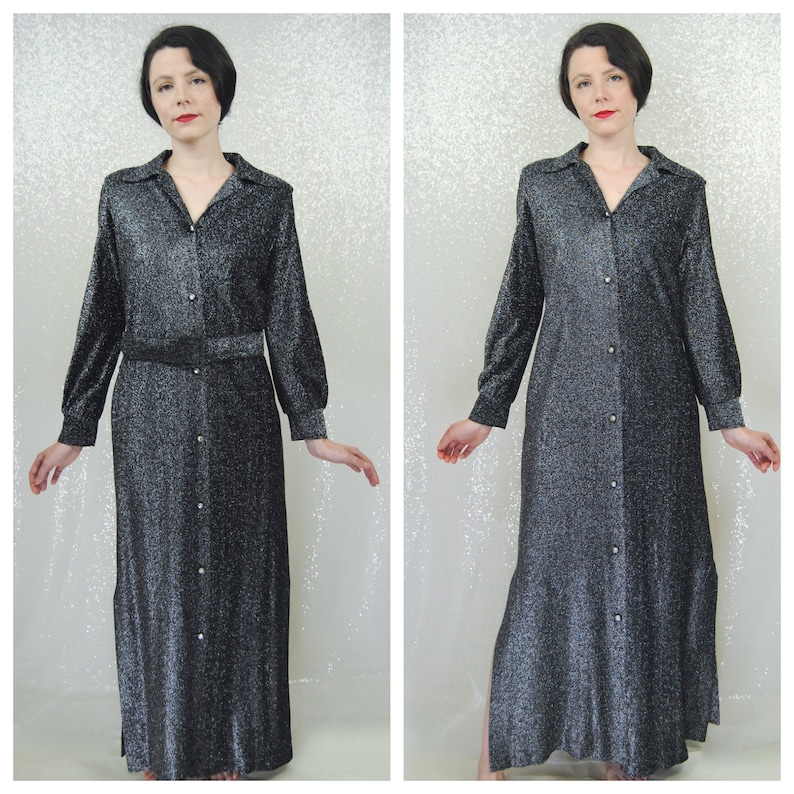 1960s 1970s Vintage Loll Ease Lou Rose Charcoal Grey Silver Lurex Maxi ...