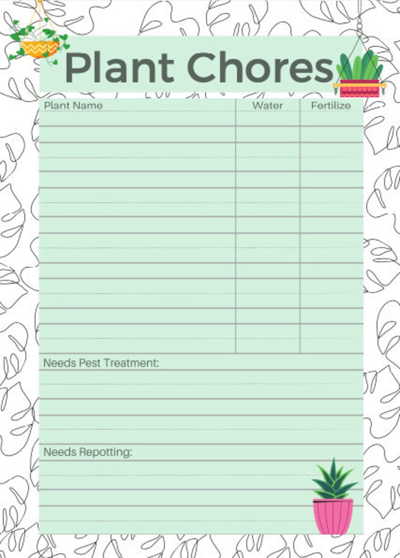 Printable Plant Chore to Do List for Watering, Fertilizing, Repotting ...