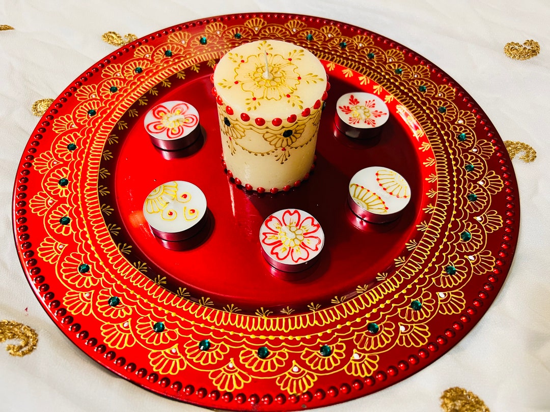 Luxurious Henna Wedding Centerpiece Set: Hand-painted Plates, Pillar ...