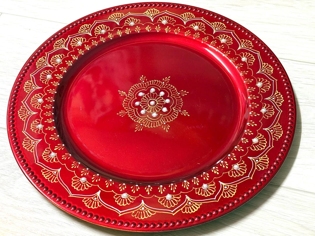 Set of 3 Red Henna Mehndi Plates With Beaded Rims, Nikkah Decor, Indian ...
