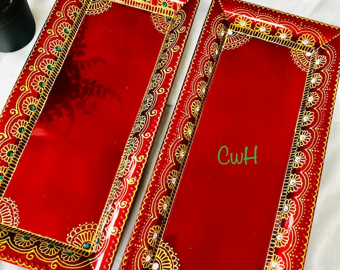 Red Henna Charger Plates, Rectangle Mehndi Thaal, Indian Wedding Decor ...