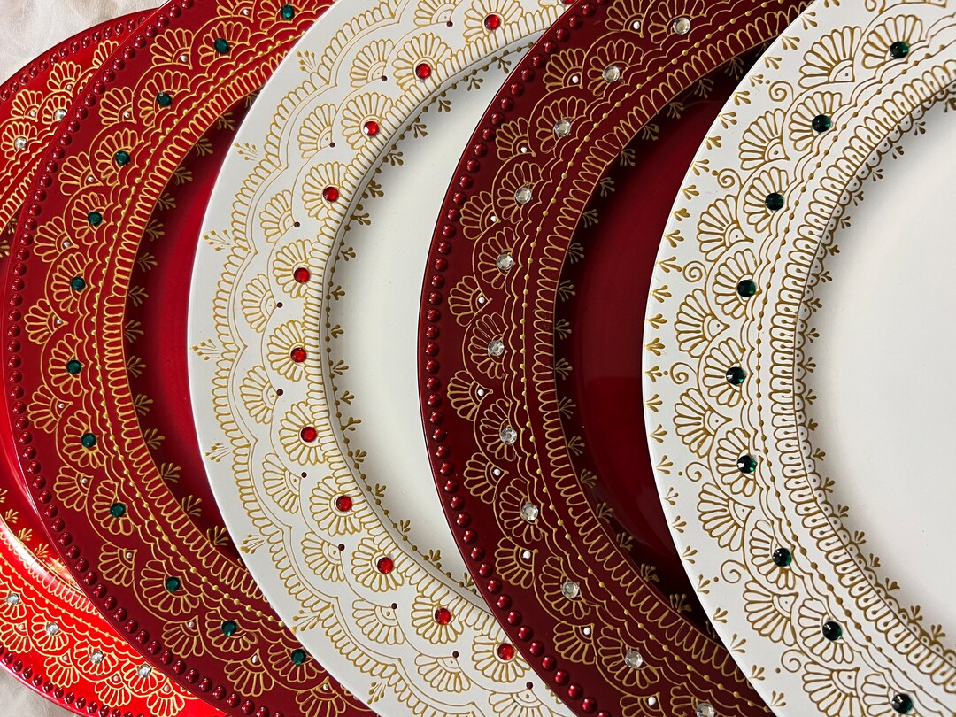 Set of 5, 10, 15 Decorative Henna Art Charger Plates With Beaded Rims ...