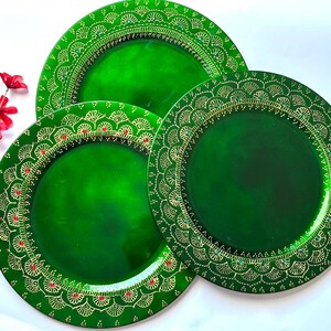 Pack of 3 Green Henna Art Plastic Round Charger Plates Mehndi Thaal ...