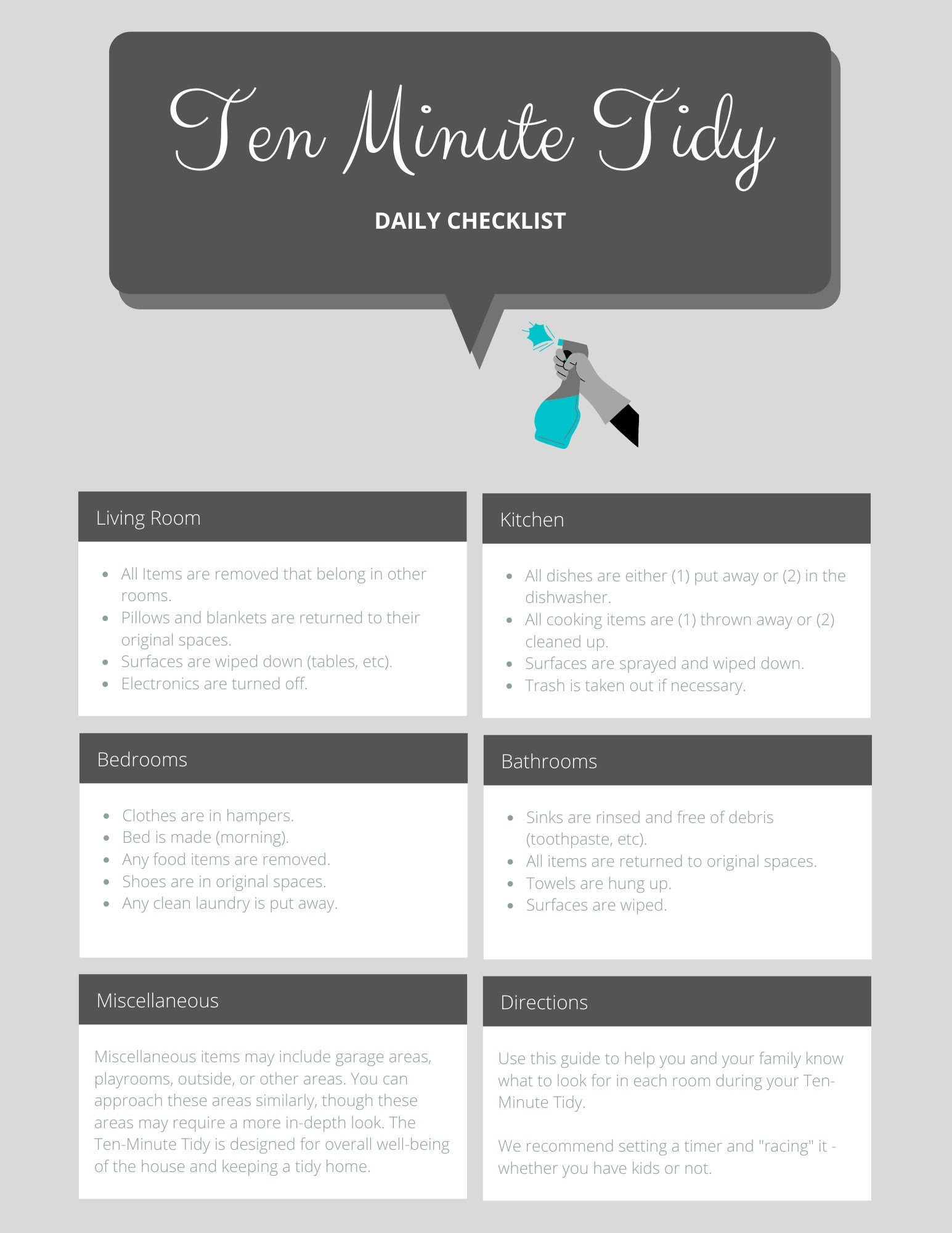 Ten Minute Tidy Daily Checklist greyscale - Etsy