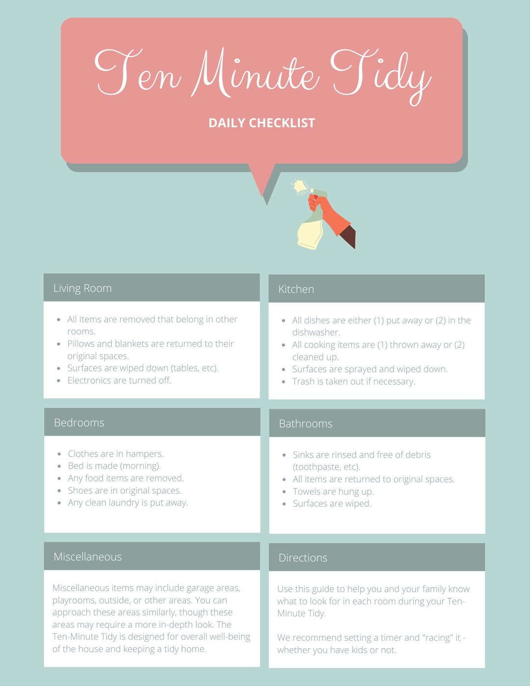 Ten Minute Tidy - Daily Checklist - Etsy