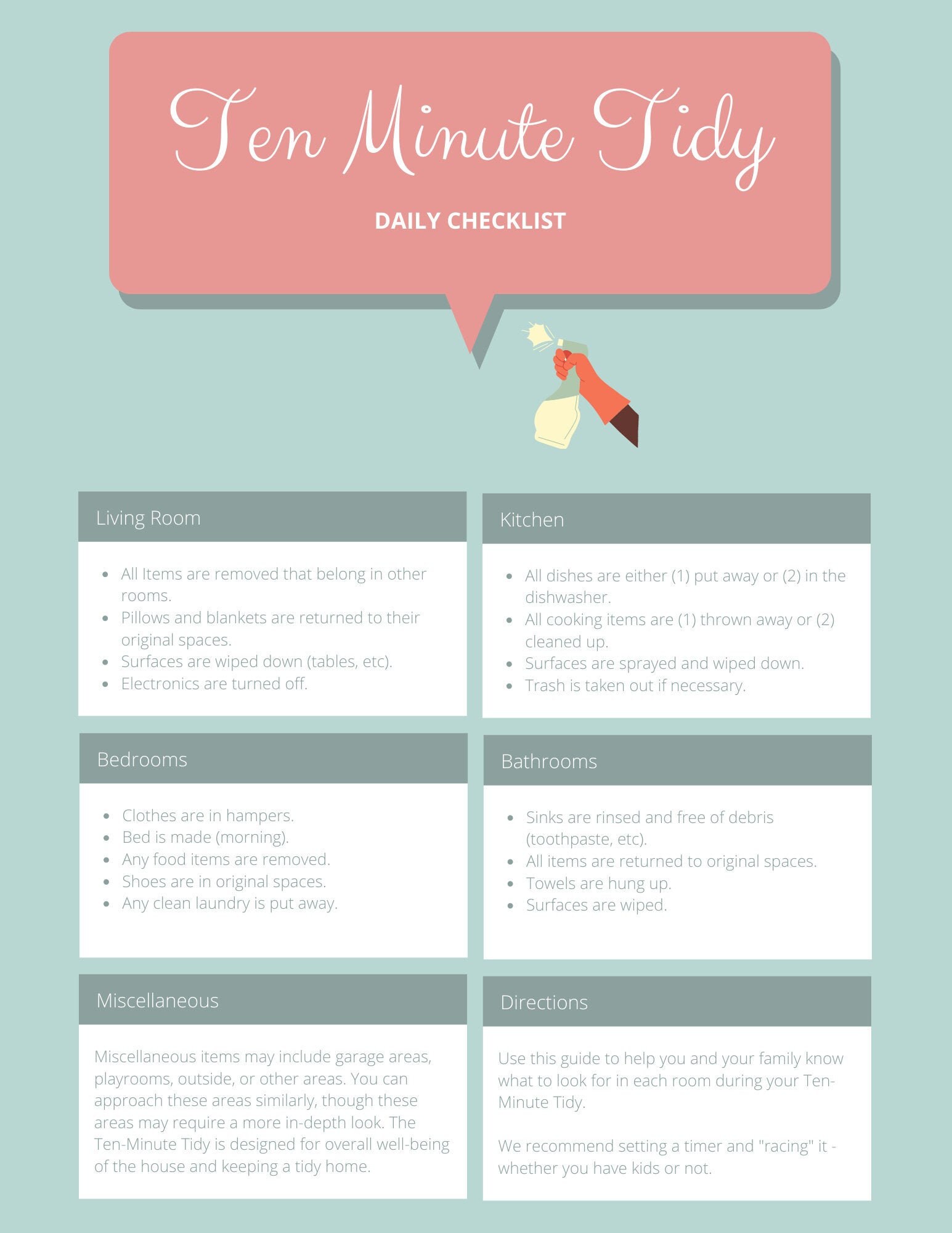 Ten Minute Tidy - Daily Checklist - Etsy