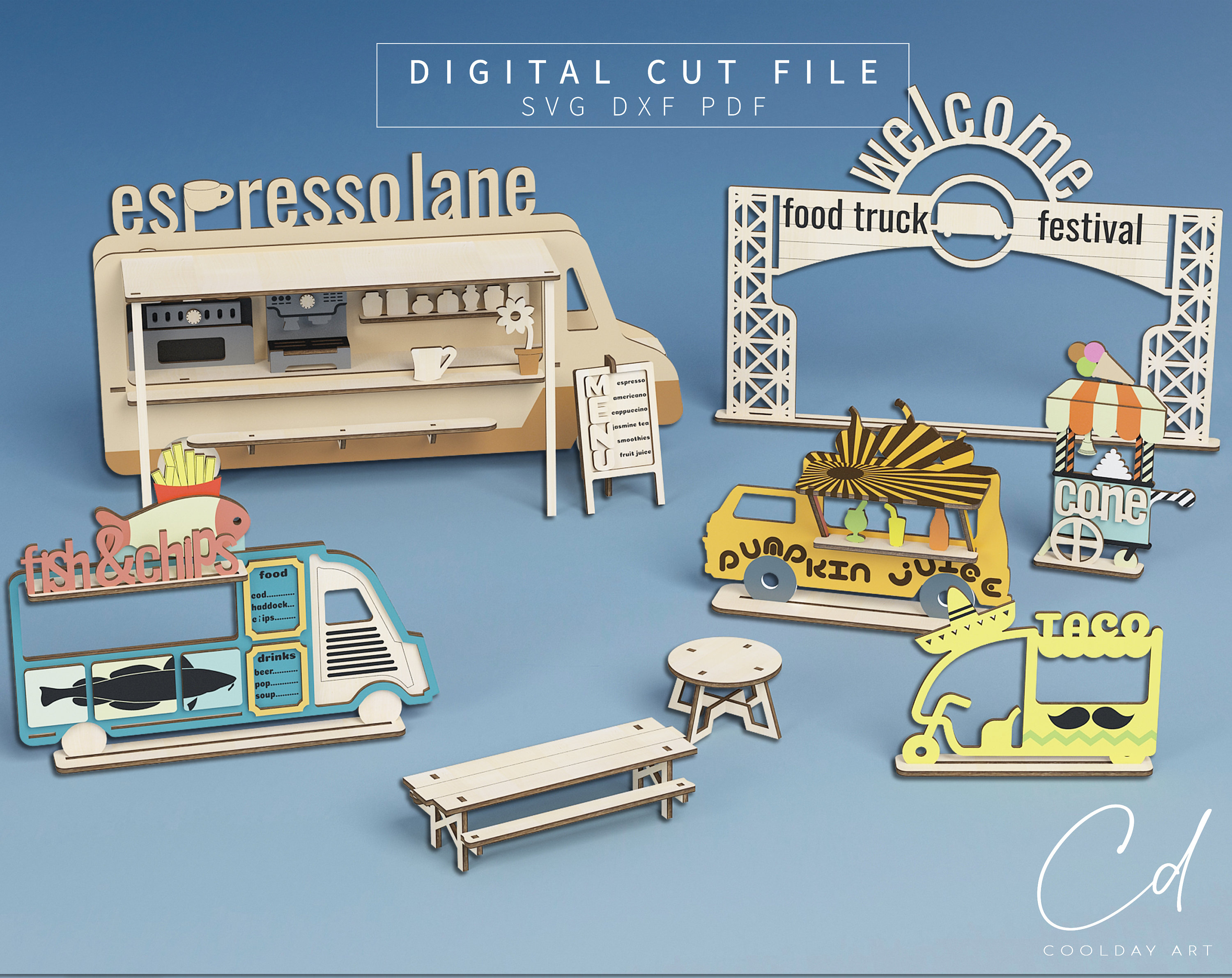 Food Truck, Cafe Truck, Ice Cream Cart, Taco SVG DXF PDF - Glowforge ...