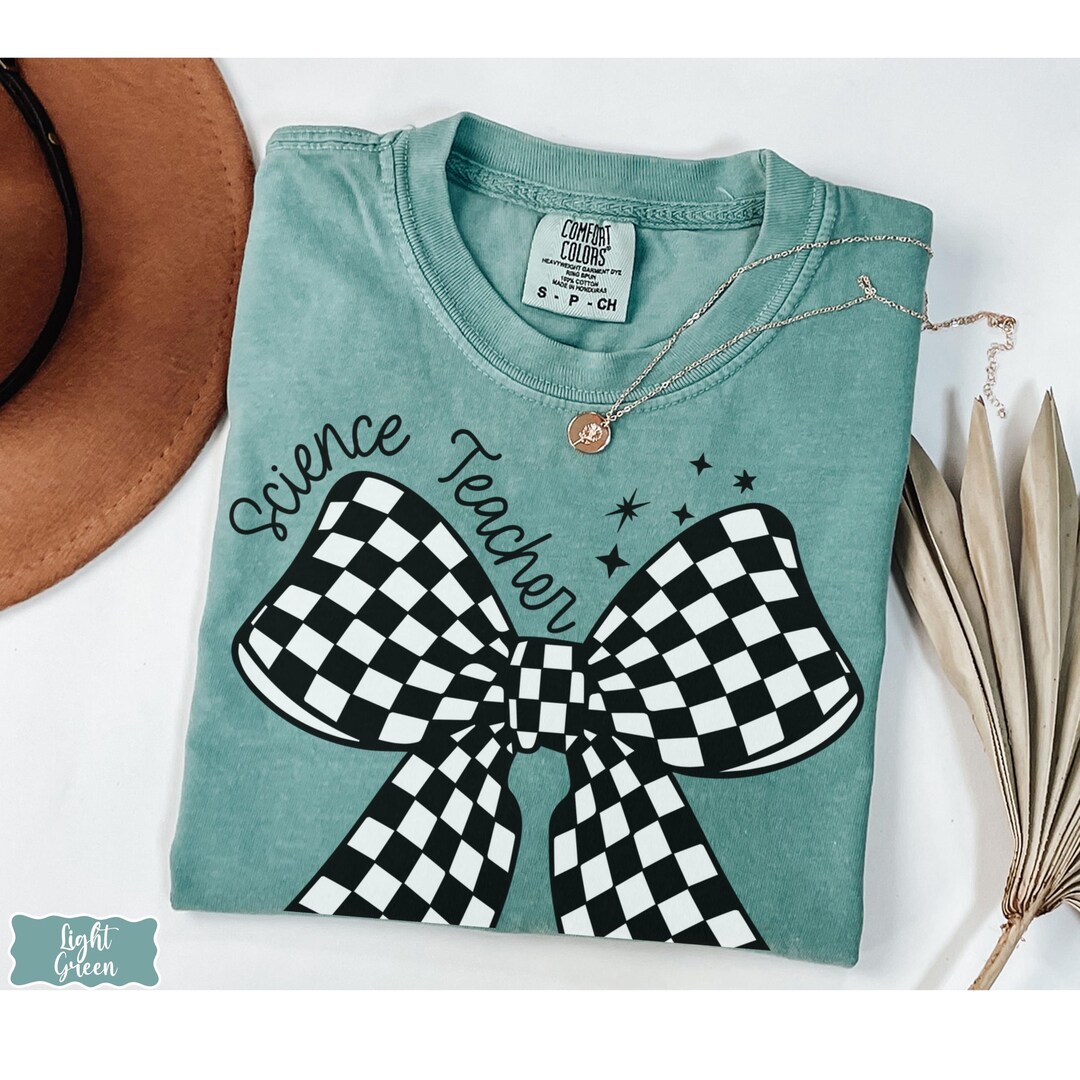 Science Teacher Comfort Colors® Checkered Bow Shirt, Retro Checker Bow ...