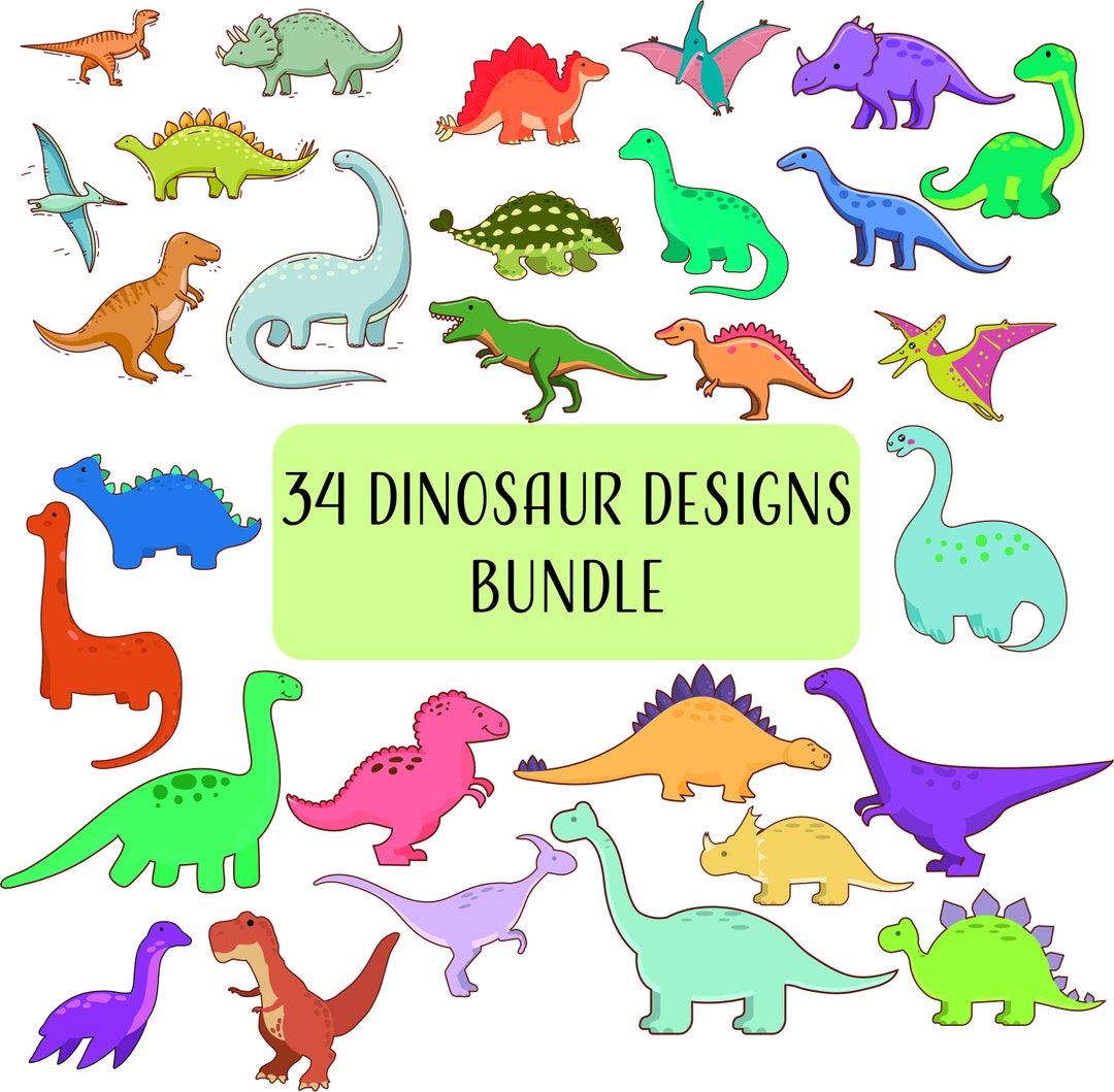 34 Dinosaur Designs SVG Bundle, Pritable Dinosaur Silhouette, Dinosaur ...