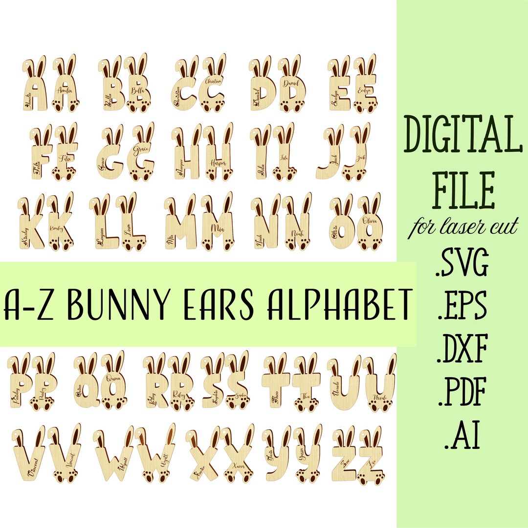 A-Z Bunny Alphabet, Bunny Ears Letters Easter Basket Tags SVG, Easter ...