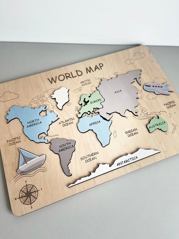Wood World Map Puzzle Christmas Gift for Kids Montessori - Etsy