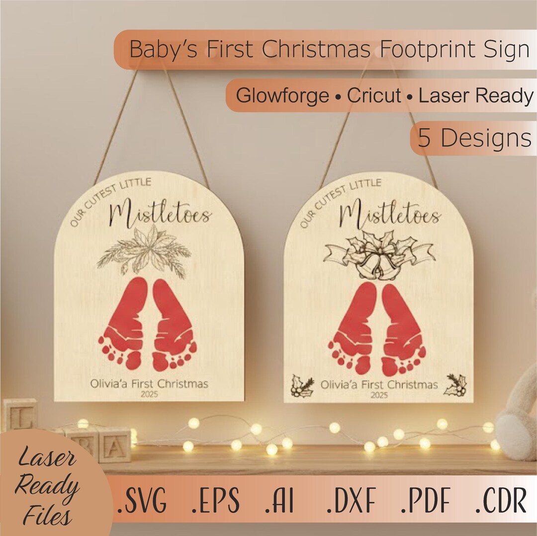 Baby’s First Christmas Sign SVG Bundle, Baby Footprint Ornament Digital ...